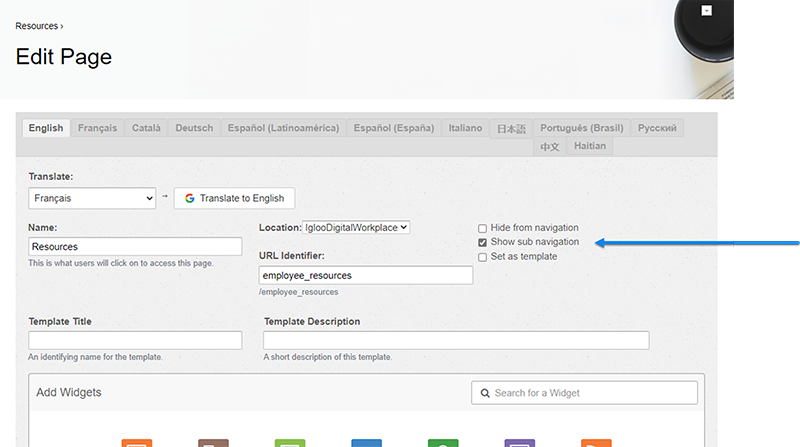 Enabling the sub-navigation bar of a page – Igloo Help Center